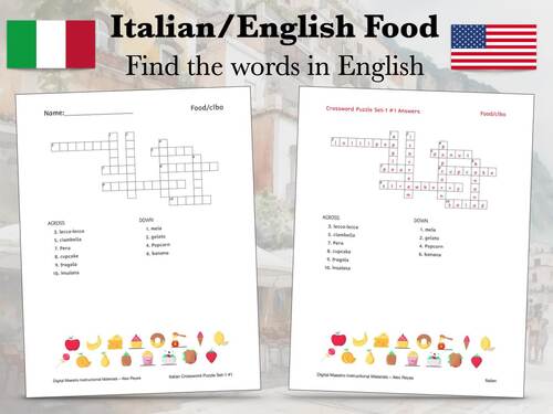 Italian/English food vocabulary crossword puzzles | TPT