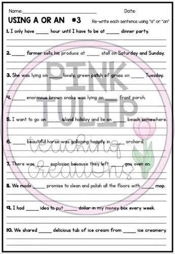 Using The Article A or An - Fill in the Blanks Worksheet Pack | TpT