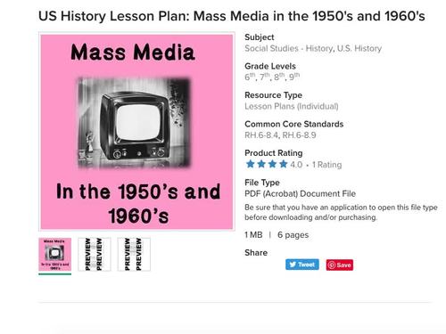 US History Lesson Plan: Mass Media in the 1950's and 1960's | TPT