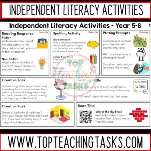 Independent Literacy Activities Year 5-8 Set One | Spelling and Writing ...