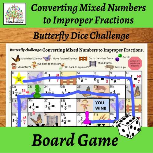 Converting Mixed Numbers to Improper Fractions Butterfly Maths Board Game