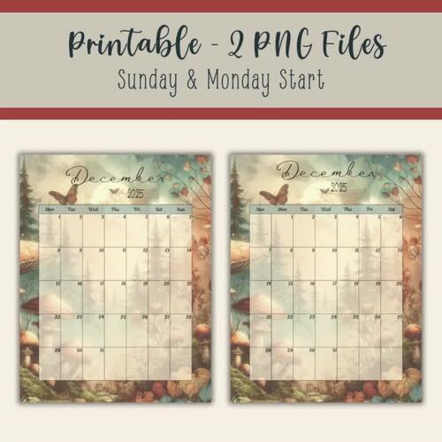 2025 Forest Mushrooms Monthly Calendar Printable Editable & Google Slides