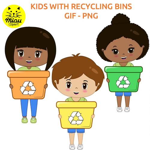 Kids With Recycling Bins Clipart | Earth Day | Environment | Gif And Png