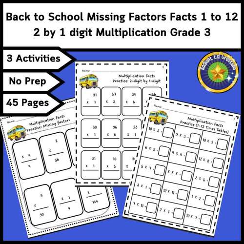 Back to School Missing Factors Facts 1 to 12 2 by 1 digit ...