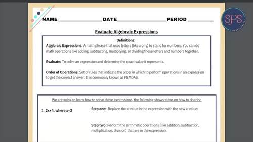 Emergency Sub Plan: Solving Algebraic Expressions, with Video by ...