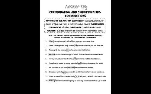 Grammar Worksheet | Coordinating and Subordinating Conjunctions by ELA ...