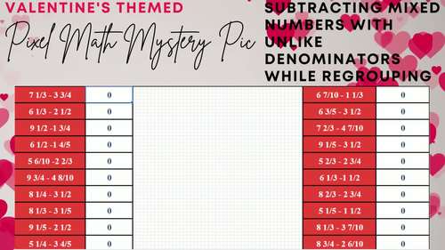 Valentine's-Day Theme-Pixel Art Mystery Pic-5th Grade Math Subtract ...