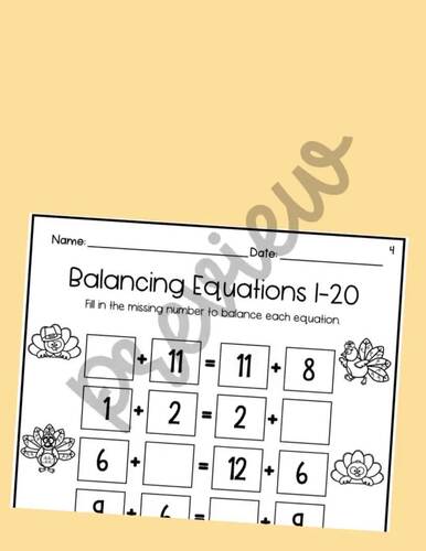 Thanksgiving Turkey Math Worksheets | Addition Balancing Equations to ...