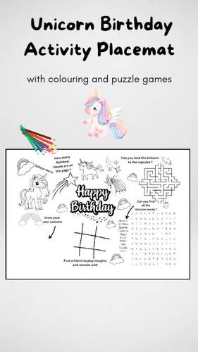 Unicorn Birthday Activity Placemat, Coloring page, Games Sheet, | TPT