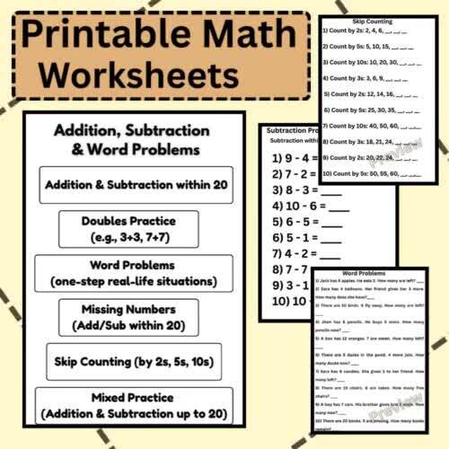 Grade 1–2 Math Worksheets | Back to School Packet | 20 B/W Pages ...
