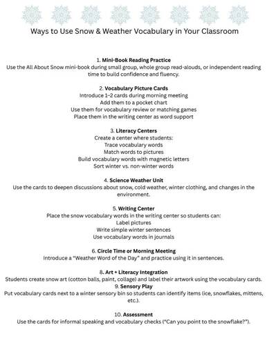 Snow Vocabulary Mini Book Activities for Early Learners Winter Weather