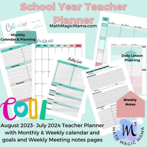 6 Classes Teacher Planner Aug 23-July 24 PDF Printable by Math Magic Mama