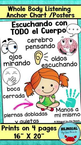 Whole Body Listening Anchor Chart Posters | Spanish and English ...