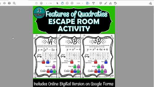 ESCAPE ROOM ACTIVITY - Quadratic Functions - DISTANCE LEARNING | TPT