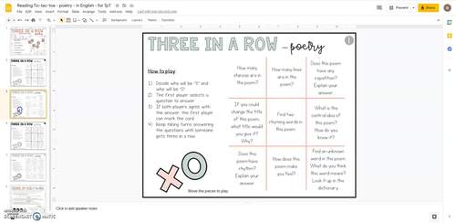 Tic-tac-toe reading game - Poetry game in English - Literacy center ...