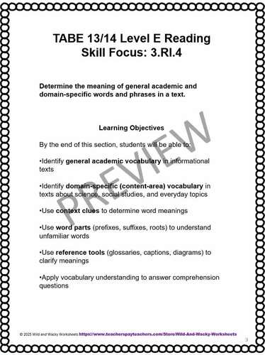 TABE 13/14 Reading Level E Study Packet by Wild and Wacky Worksheets