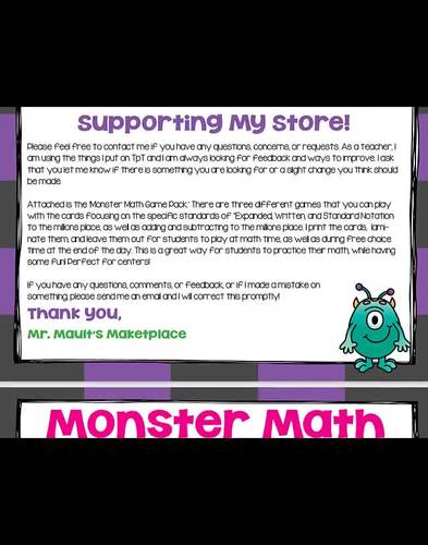 Monster Math Game Pack- Place Value Notation, Addition, and Subt. to ...