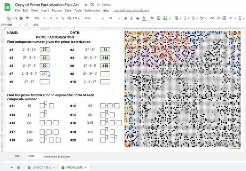Google Sheets Digital Pixel Art Math Prime Factorization by Algebra Accents