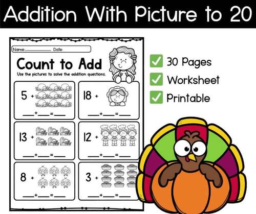 Thanksgiving Addition With Picture To 20 Worksheet | Addition sums up to 20