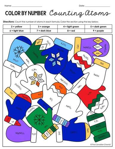 Counting Atoms Color By Number Winter Mittens Science Activity - Chemistry