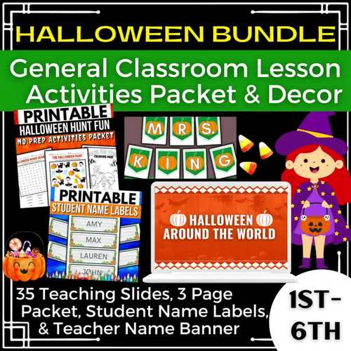 Halloween Bundle - No Prep Classroom Lesson, Printable Activity, & Decor