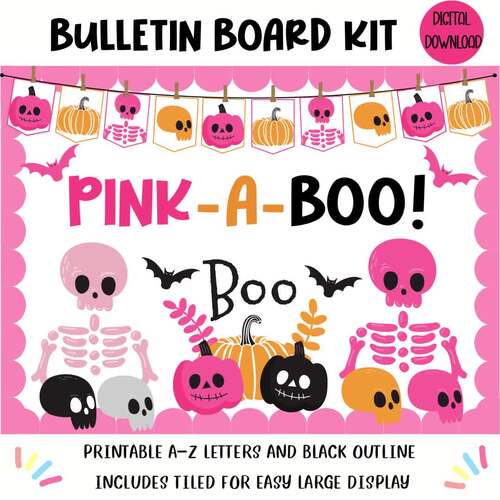 Pink Halloween Bulletin Board Kit | Skeleton Classroom Decor | TPT