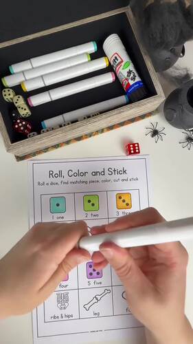 Roll cut color skeleton, quick halloween math activity, halloween dice game