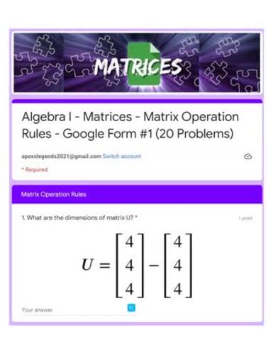 Algebra 1 - Matrices (Matrix Operation Rules) - Google Form #1 | TPT