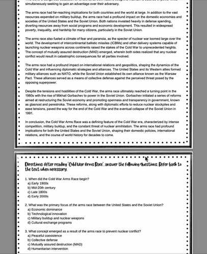 Cold War Arms Race Reading Passage with Comprehension and Essay Questions