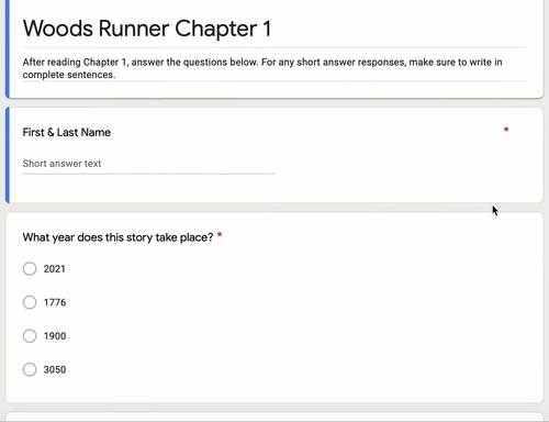 "Woods Runner" Google Forms Novel Chapter Quiz Assessment Bundle (Digital)