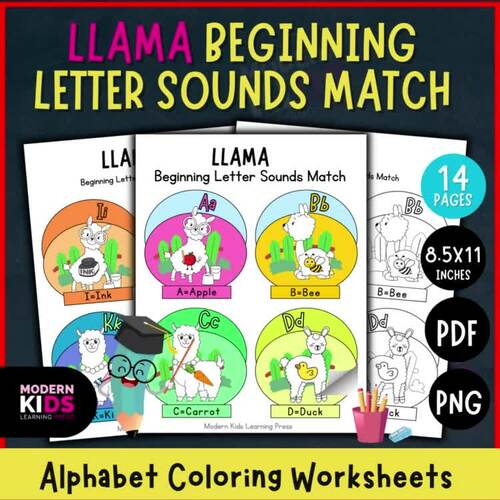 Llama Beginning Letter Sounds Match - Coloring Worksheet for Kids