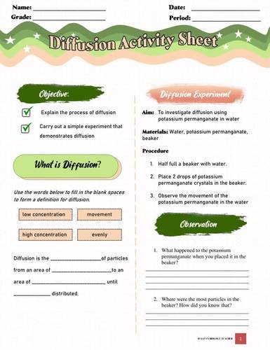 Diffusion Activity Sheet with Guided Notes, Experiment and Knowledge check