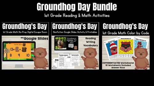 Groundhog Day Bundle | Reading | Math | Color by Code| 1st Grade
