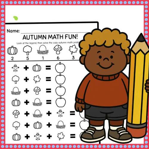 Autumn Picture Addition Worksheet | Fall Math Fun for Kindergarten