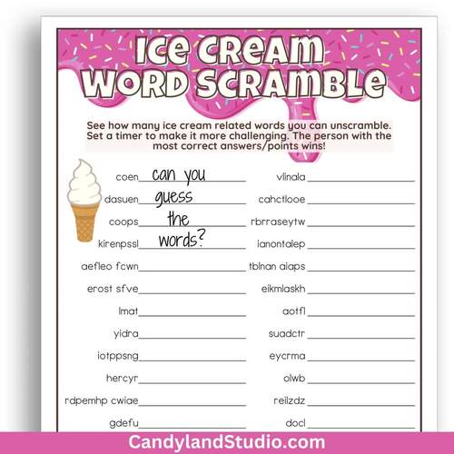 Ice Cream Word Scramble | Printable Game No Prep Activity Worksheet