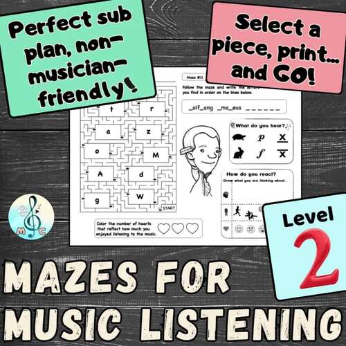 MUSIC MAZES & COLORING worksheets: LISTENING, SUB PLAN, QUIET (Lev.2)