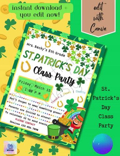 Editable St. Patrick's Day Class Party Flyer | Social Media Template
