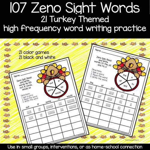 107 Zeno Thanksgiving High Frequency Words Practice Reading and Spelling