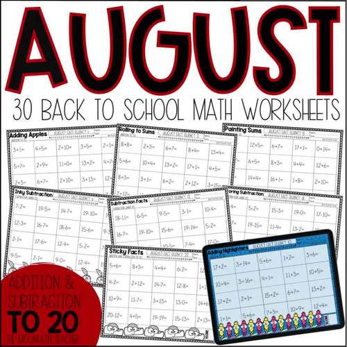 Back to School Adding and Subtracting Up To 20 Worksheets for Math Fact ...