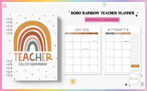 2026-2027 Printable Teacher Planner | Teacher Binder | Boho Rainbow Theme