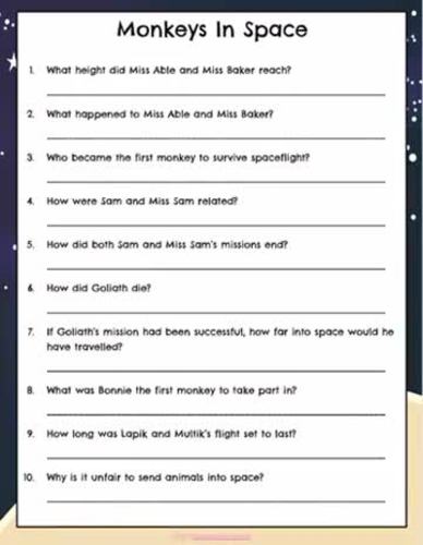 Monkeys in Space Reading Comprehension Worksheets by Metacognitive Teacher