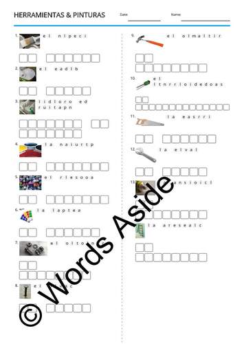 Spanish Vocabulary Writing Spelling Worksheets Crossword Anagram TOOLS