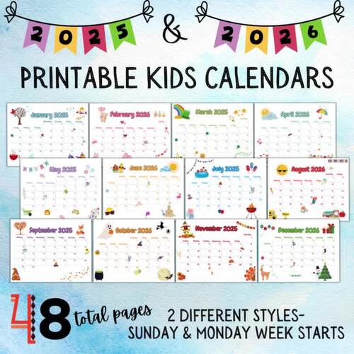 Printable Calendars, Printable Kids Calendars 2025 & 2026, Homeschool ...