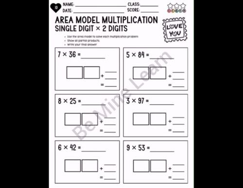 Area Model Multiplication Worksheets | 2 digit by 1 digit | with Answers