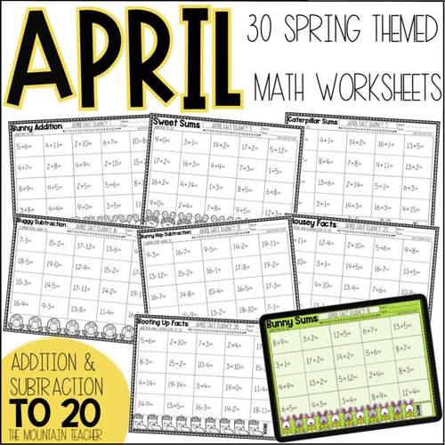 Spring Adding and Subtracting Up To 20 Worksheets | April Math Fact Fluency