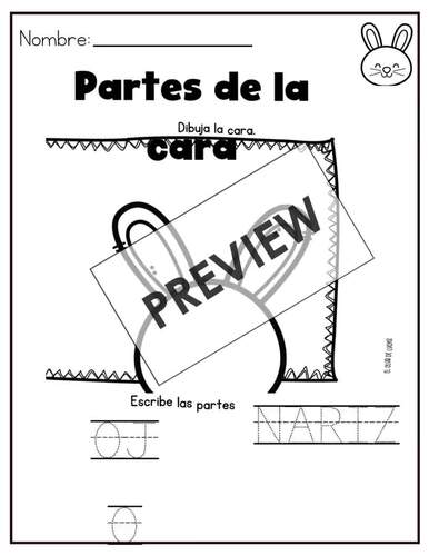Spanish Easter Bunny Face Parts Worksheet Draw Write Kindergarten PreK