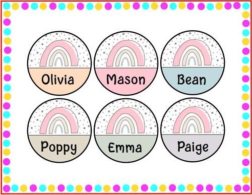 Round Boho Rainbow Student Name Labels,KG Calm Colors Rainbow Name Plates