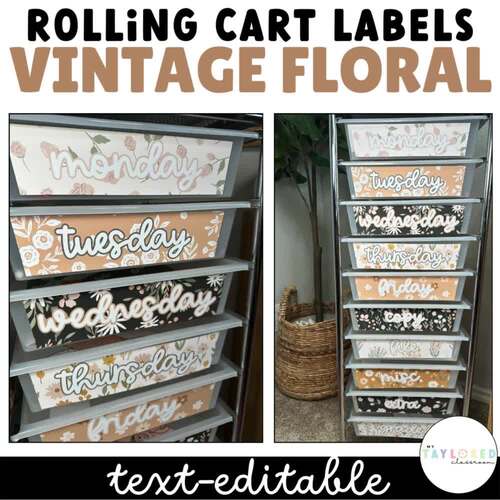 Vintage Floral Rolling Cart Labels | EDITABLE | Vintage Classroom Decor