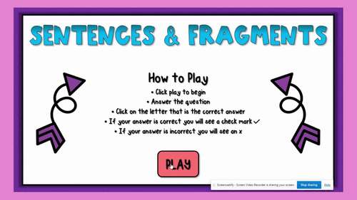 Sentences and Fragments Game (Sentences Fragments Multiple Choice ...