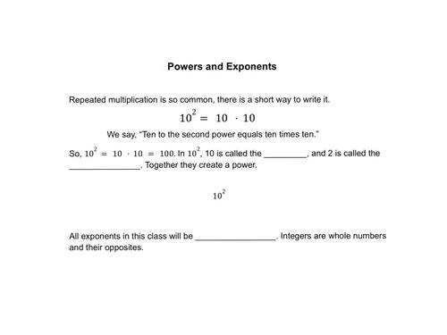 Math 8 1-1 Powers and Exponents Guided Notes with Lesson Video Link